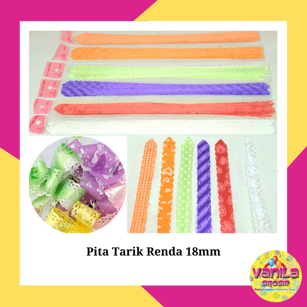 Jual (200 Pcs) Pita Tarik Renda Uk 18mm, pita motif, pita serut, pita ...