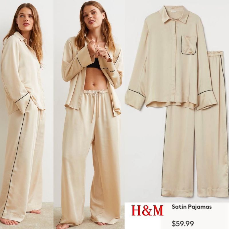 Jual HM PAJAMAS LONG SATIN SET black & beige /cream | Shopee Indonesia
