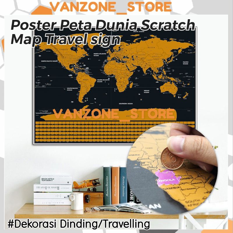 Jual Poster Peta Dunia Scratch Map Travel sign Perjalanan dekorasi ...