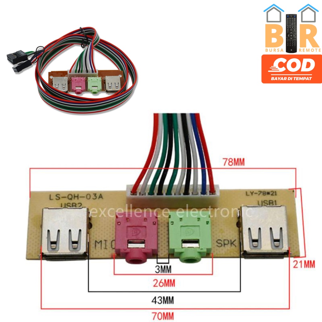 Jual Front Panel Kabel Usb 2.0 Audio Jack Pcb 3.5MM Ukuran 6.8 - 7.4CM ...