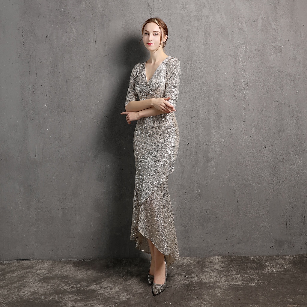 Jual Lengan Panjang V Leher Panjang Midi Gaun Payet Gaun Pernikahan ...