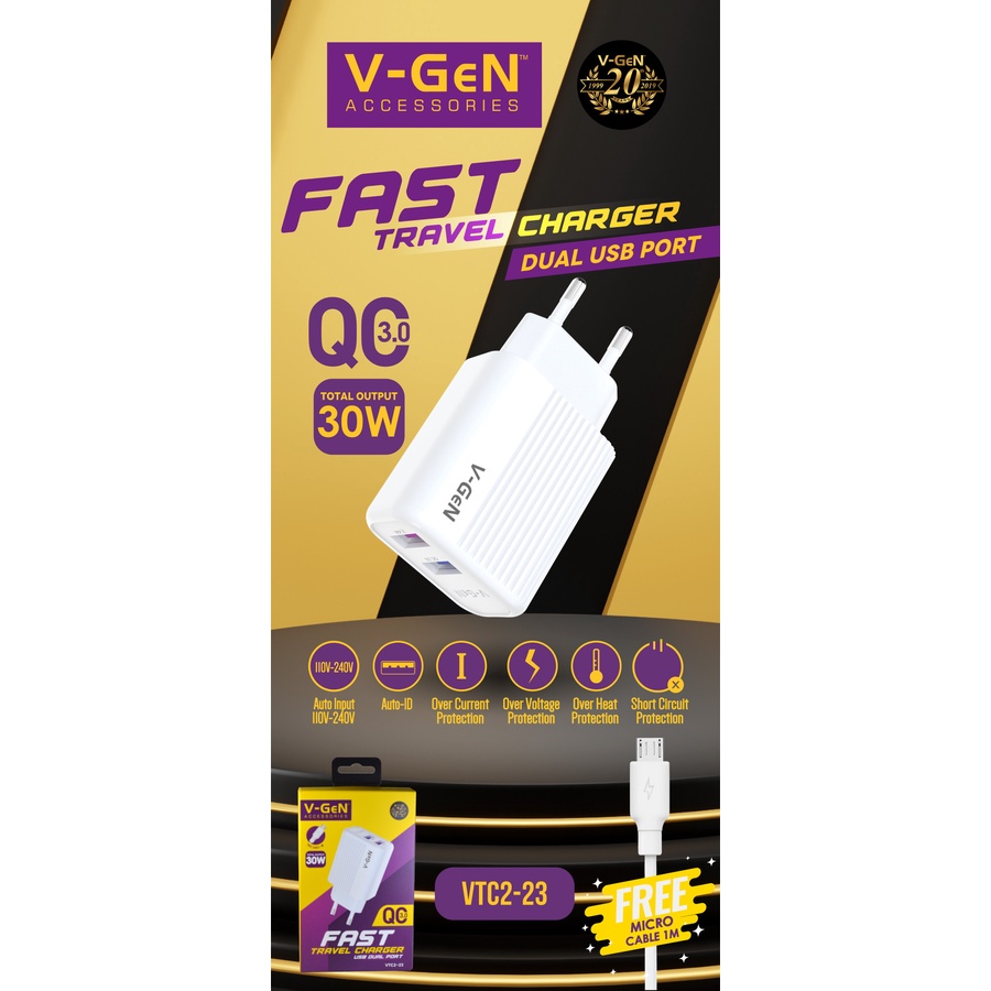 Jual Adaptor Charger V-GeN VTC2-23 Fast Charging QC3.0 Dual Port USB ...