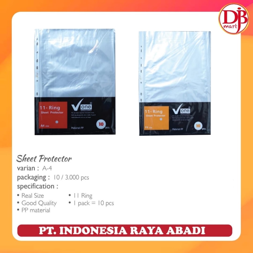 Jual DJB - Pelindung Kertas Bening Sheet Protector A4 F4 Transparan isi 10 Pcs Merek V ONE ...