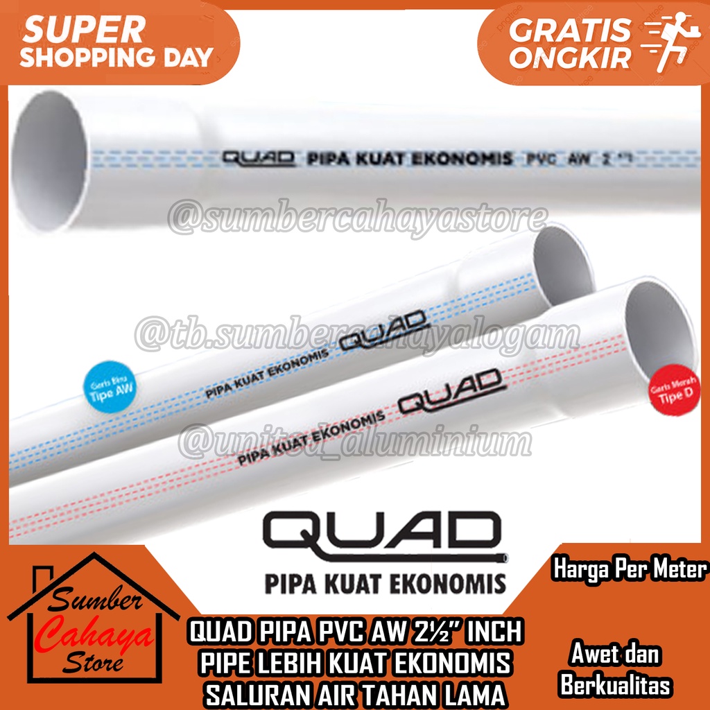 Jual PIPA PVC QUAD AW 2½” 2 1/2" IN INCI INCHI INCH PIPE KUAT EKONOMIS ...