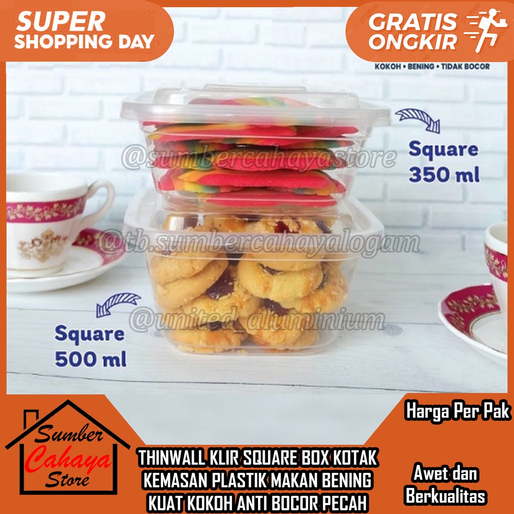 Jual THINWALL KOTAK 350ML 500ML SQUARE KLIR SQ ISI 25 PCS THIN WALL ...