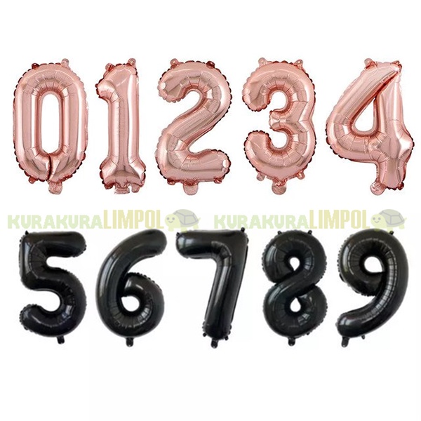 Jual (0-9) Balon Foil Angka Number Balloon Rosegold Hitam Satuan 40 cm ...