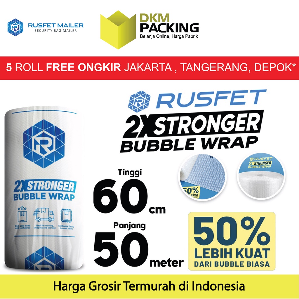 Jual Plastik Bubble Wrap 60cm x 50Meter RUSFET Bening Bubblewrap Buble ...