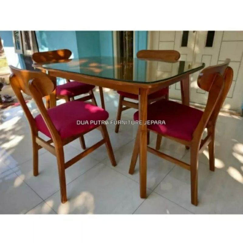 Jual kursi meja makan scandinavian kayu jati 4 kursi ropan busa jok - tanpa kaca | Shopee Indonesia