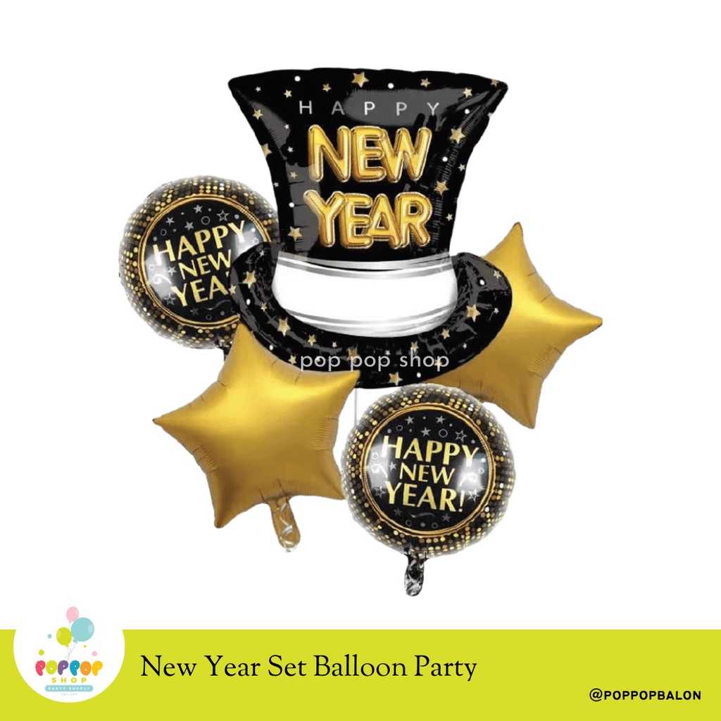 Jual Balon Foil SET HAPPY NEW YEAR Cheers Topi Hitam Gold | Shopee ...