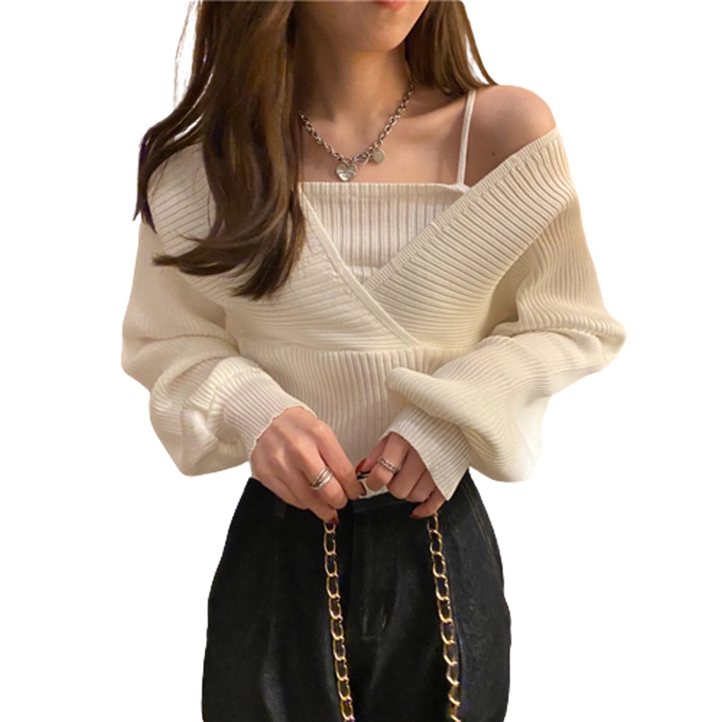 Jual ATASAN RAJUT LENGAN PANJANG V-NECK LENGAN BALON SABRINA TOP | Shopee Indonesia