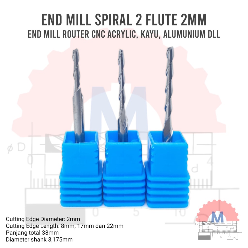 Jual Endmill 2F spiral 2mm cnc router endmill acrylic aluminium dll ...