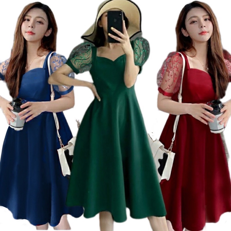 Jual Dress Emily Scuba Kombinasi Lengan Tile Mutiara | Shopee Indonesia
