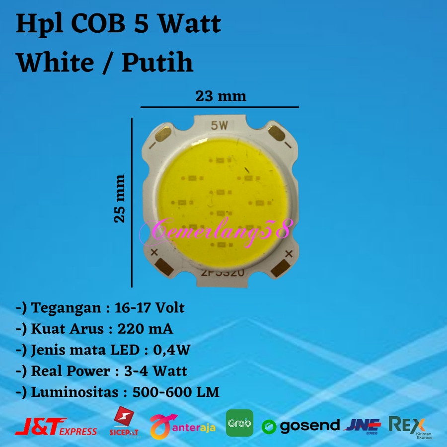 Jual HPL 5W COB/High Power LED 5 Watt Chips On Board White 20-28mm 0 ...