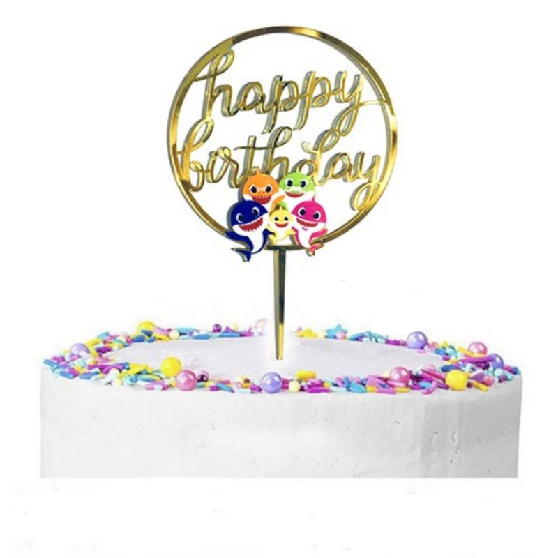 Jual Cake Topper akrilik BABY SHARK Gold hiasan kue Happy Birthday ...