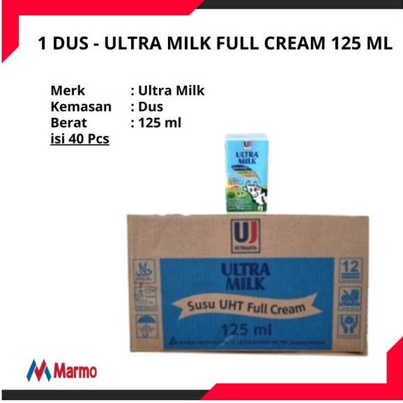 Jual SUSU UHT ULTRA MILK FULL CREAM 125 ml x 40 pcs - 1 DUS | Shopee Indonesia