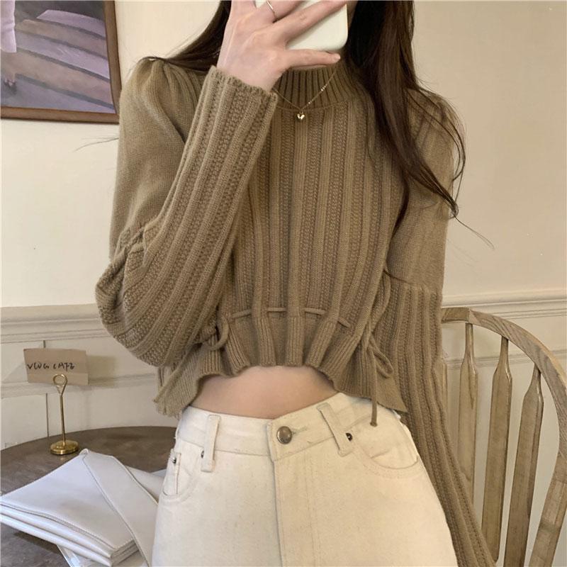 Jual Baju Sweater Wanita Korea Rajut Crop Lengan Panjang Vintage Polos ...