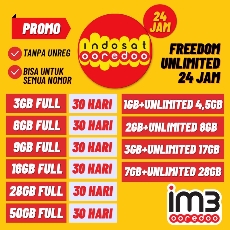 Jual PAKET DATA KUOTA INDOSAT IM3 RESMI FREEDOM UNLIMITED MURAH FULL 24 ...