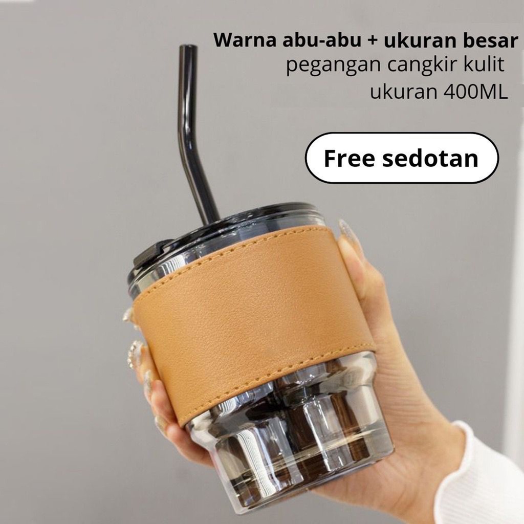 Jual Gelas Mug Kaca Korean Style - Cup Kopi Teh 320ml + Sedotan Kaca & Grip Leather Korean Style ...