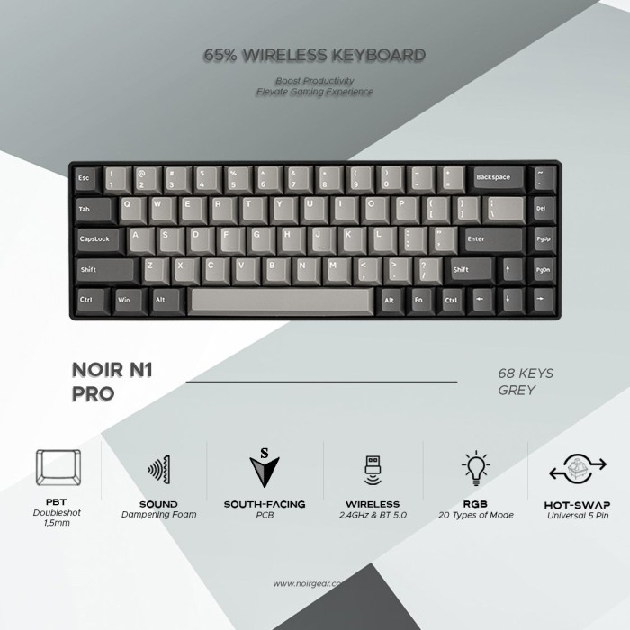 Jual Keyboard Noir N1 Pro Grey - 65% Wireless Mechanical Keyboard ...
