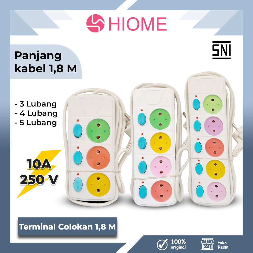 Jual HIOME Stop Kontak Warna 1,8Meter / Terminal Colokan Warna / SNI 3,4,5 Lubang Colokan / Stop ...