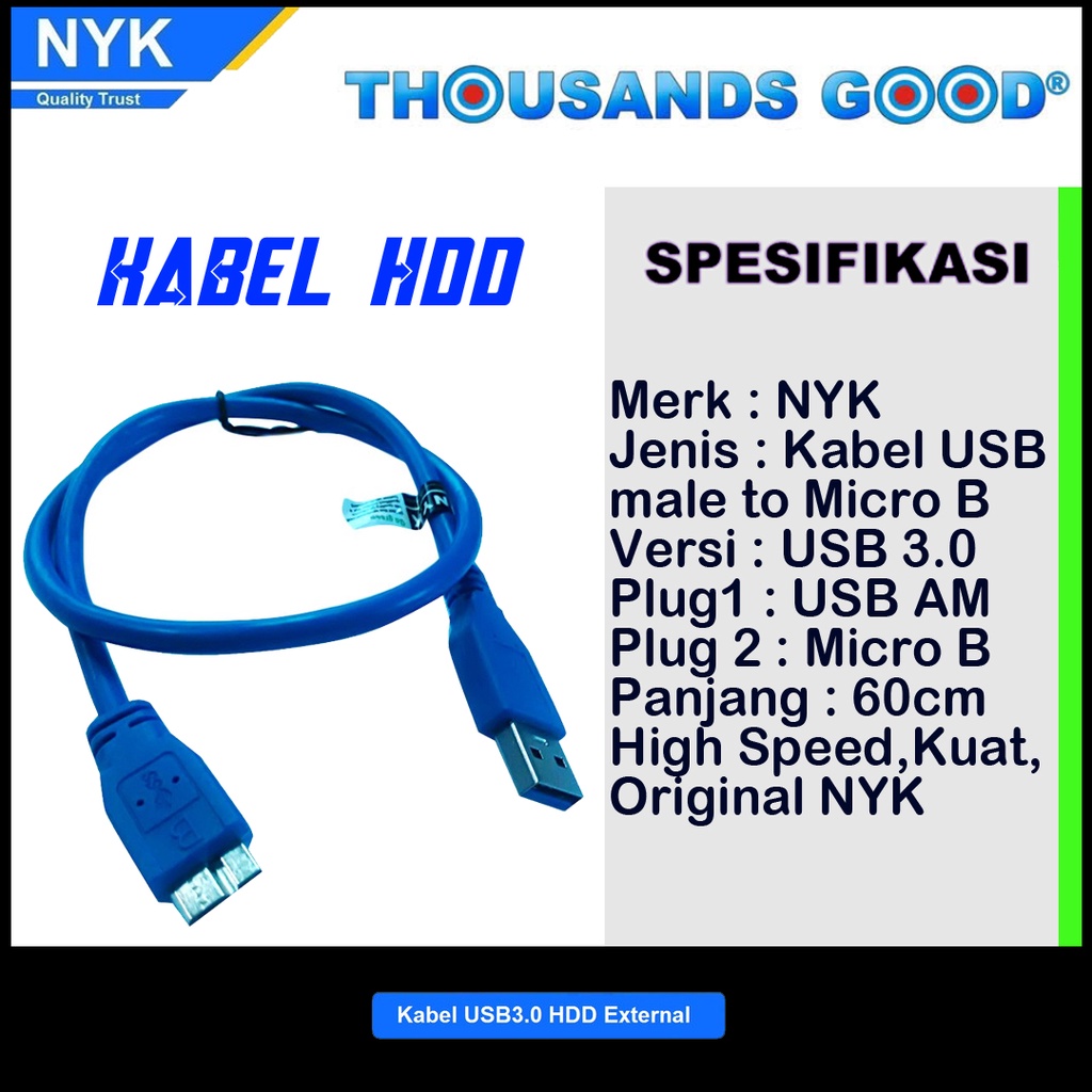 Jual Kabel Harddisk HDD External USB 3.0 to Micro B NYK 60cm | Shopee ...