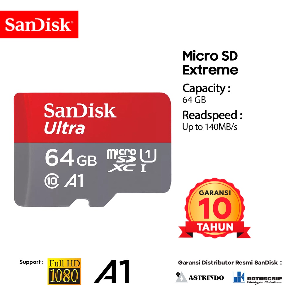 Jual Memory Card | Micro SD 64GB SanDisk Ultra A1 up to 140Mbps Class 10 - Garansi Resmi 10 ...