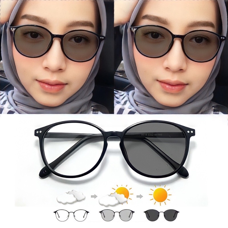 Jual kacamata photocromic frame bulat tangkai ada tulang besi | Shopee ...