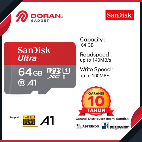Jual Sandisk Micro SD 64GB CL10 140MBPS A1 (NA) MMC 64GB - Garansi ...