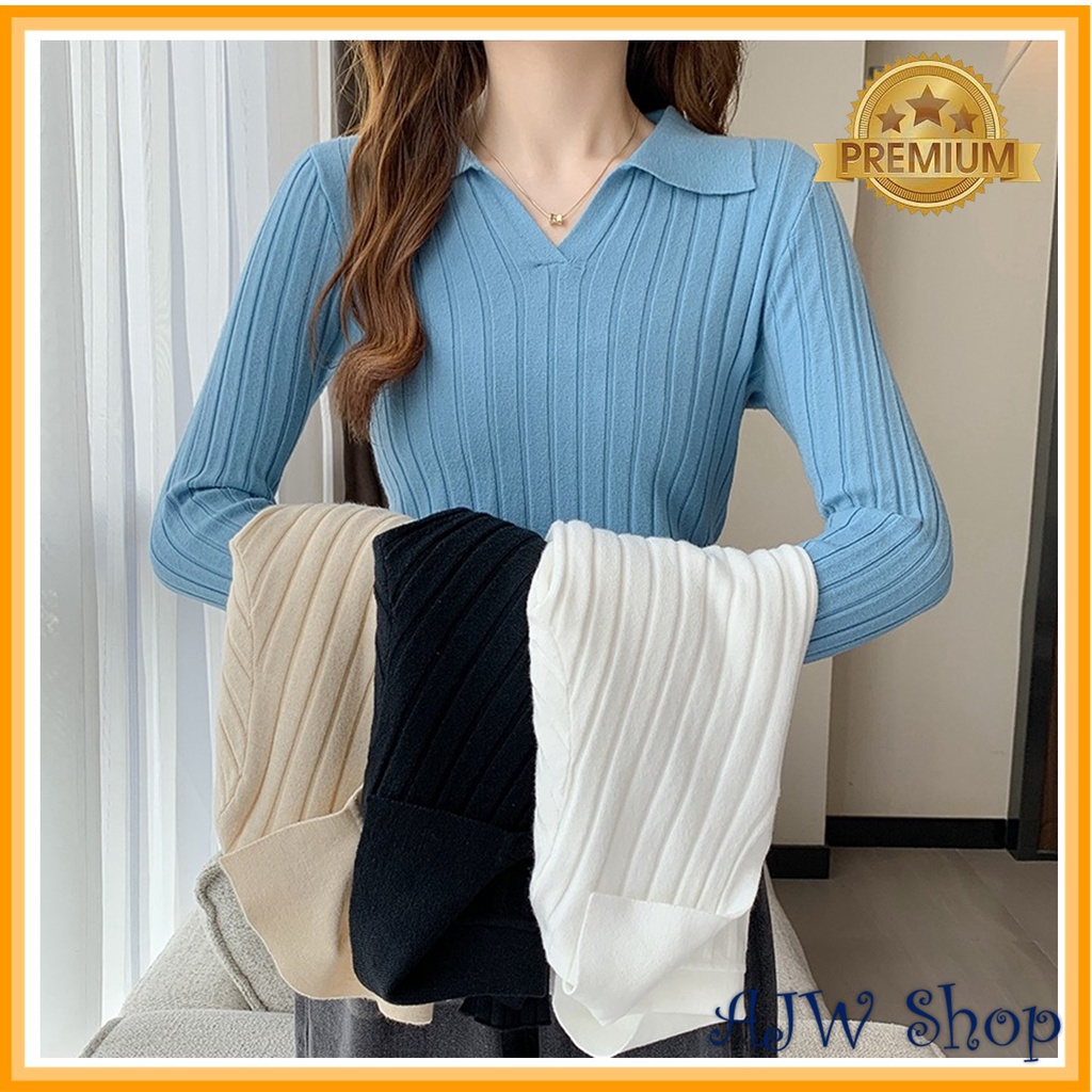 Jual AJW Atasan Wanita Berkerah Rajut Import TU | Kaos Rajut Lengan Panjang Kerah | Baju Rajut ...