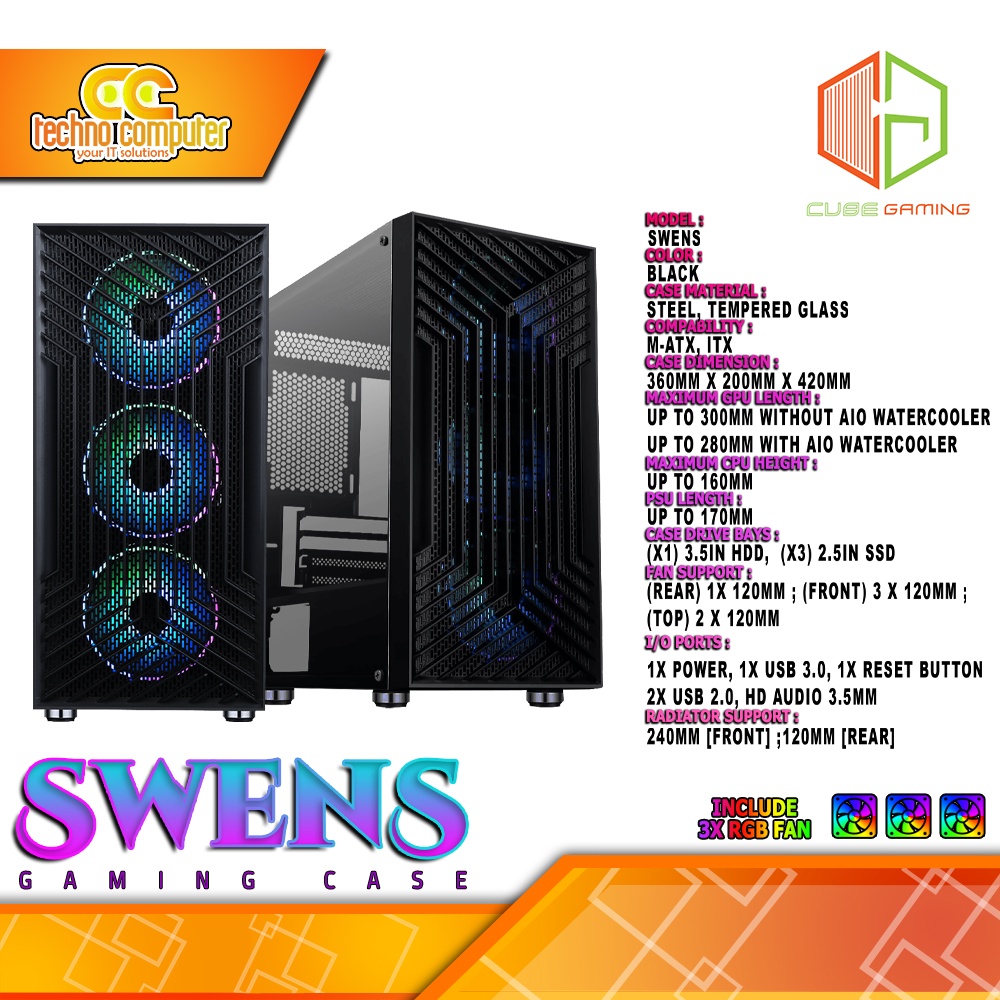 Jual CASING CUBE GAMING SWENS - Mid Tower mATX Case Tempered Glass (Free 3x RGB Fan) | Shopee ...