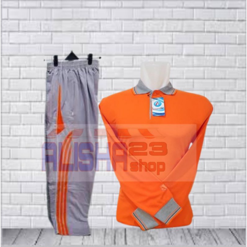 Jual Setelan baju olahraga wanita / setelan training kaos kerah lengan panjang orange abu // set ...