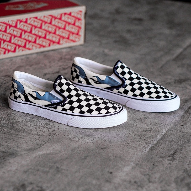 Jual Vans Slip On Checkerboard Flames Black/White | Shopee Indonesia