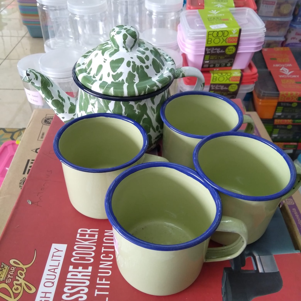 Jual Paket 1 Teko 12cm + 4 Mug 7cm Motif Polos Hijau Eskan Mug Polos ...