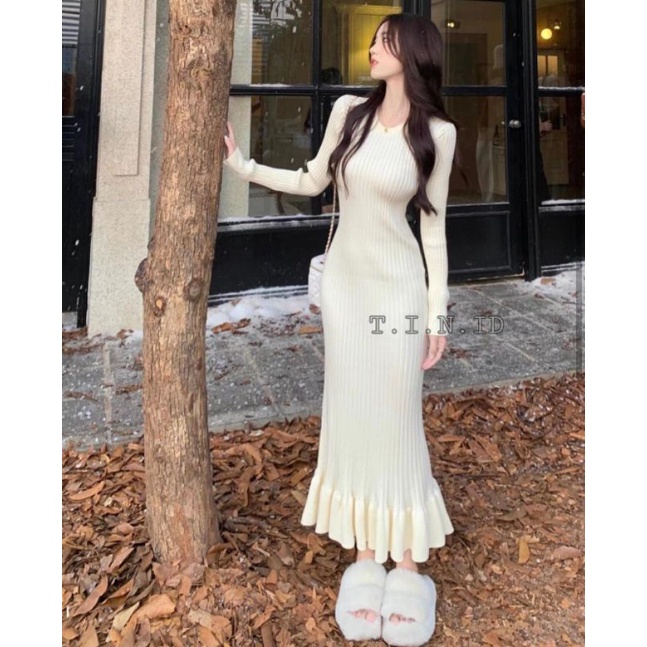 Jual Dress rajut korea, gamis rajut, korean knit long dress | Shopee ...