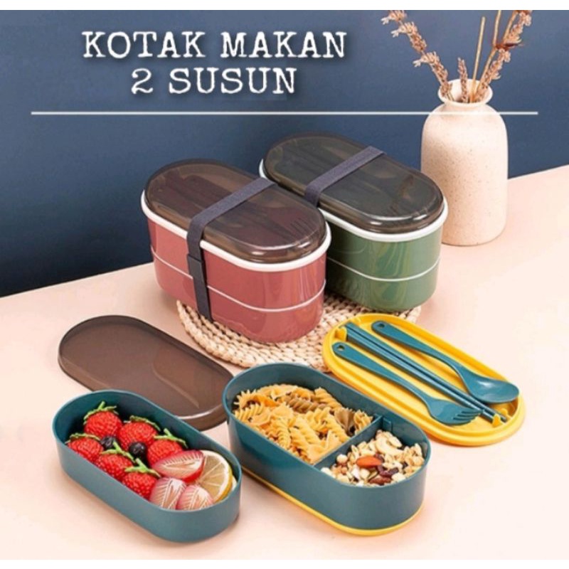 Jual LUNCH BOX DOUBLE LAYER/KOTAK BEKAL 2 SUSUN SENDOK DAN GARPU/KOTAK MAKAN | Shopee Indonesia