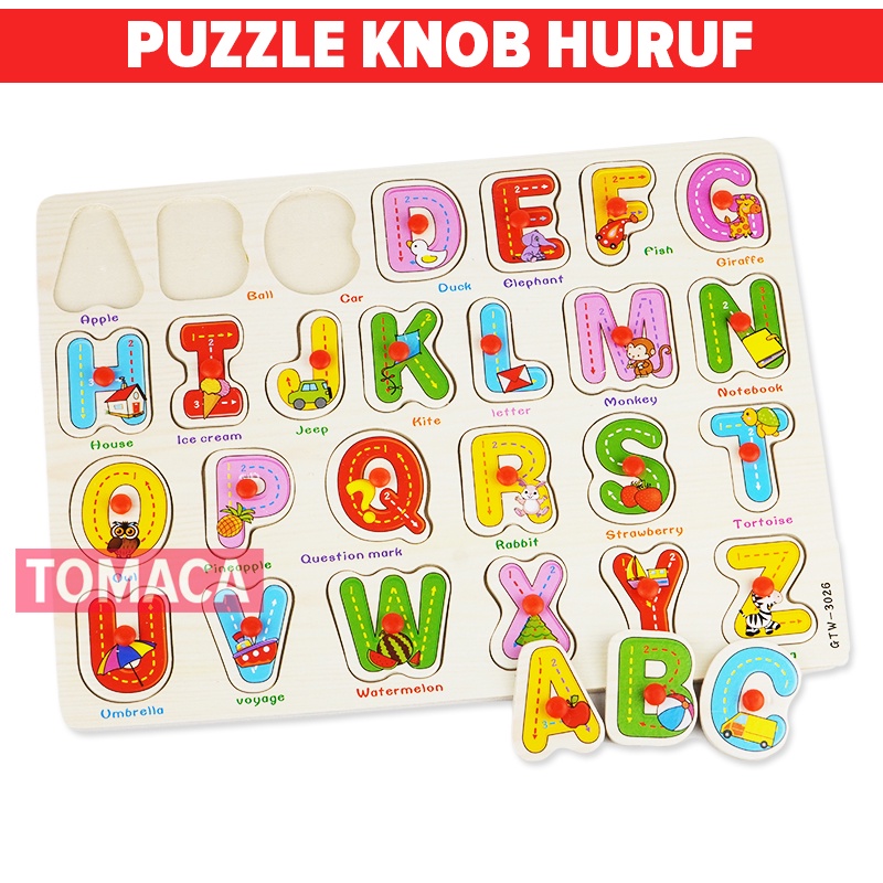 Jual Mainan Edukasi Anak Wooden Puzzle Kayu Abjad Alphabet ABC Pin Knob ...