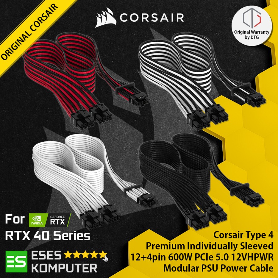 Jual Kabel Modular Corsair 12VHPWR 12+4pin 600W PCIe 5.0 Type-4 Sleeved ...