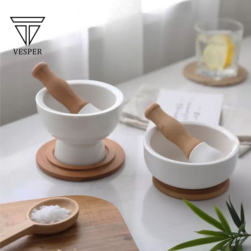 Jual mortar pestle ceramic bamboo handle / ulekan cobek bumbu dapur ...