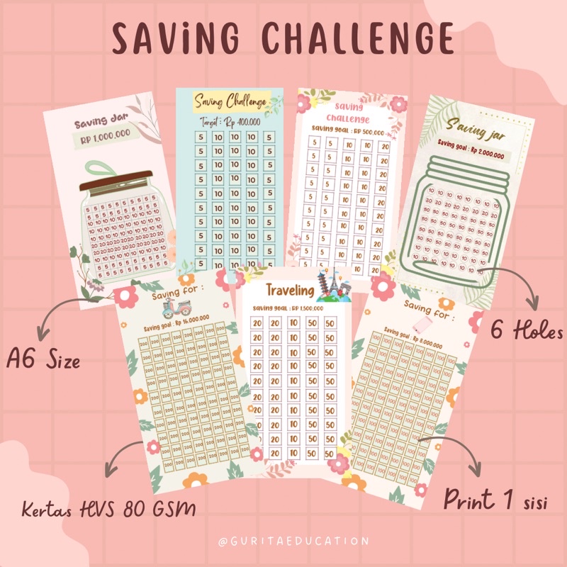 Jual Saving Challenge A6/ isi binder/ loose leaf/ budget planning/ kertas saving Challange ...