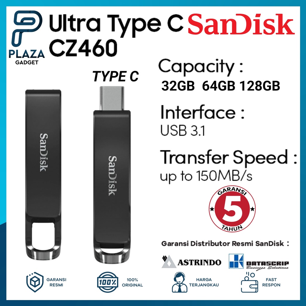 Jual Flashdisk Sandisk Ultra USB Type-C Flash Drive CZ460 32GB 64Gb ...