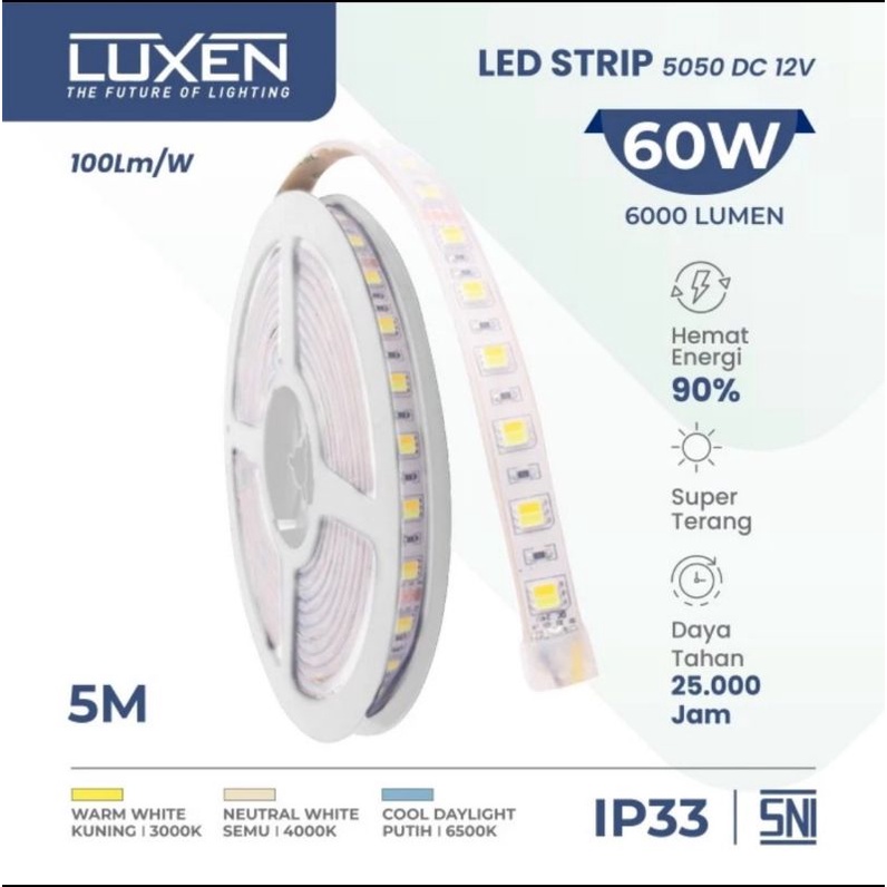 Jual Lampu Strip LED SMD 5050 60w/5m 12V Kuning/WW 3000K LUXEN | Shopee ...