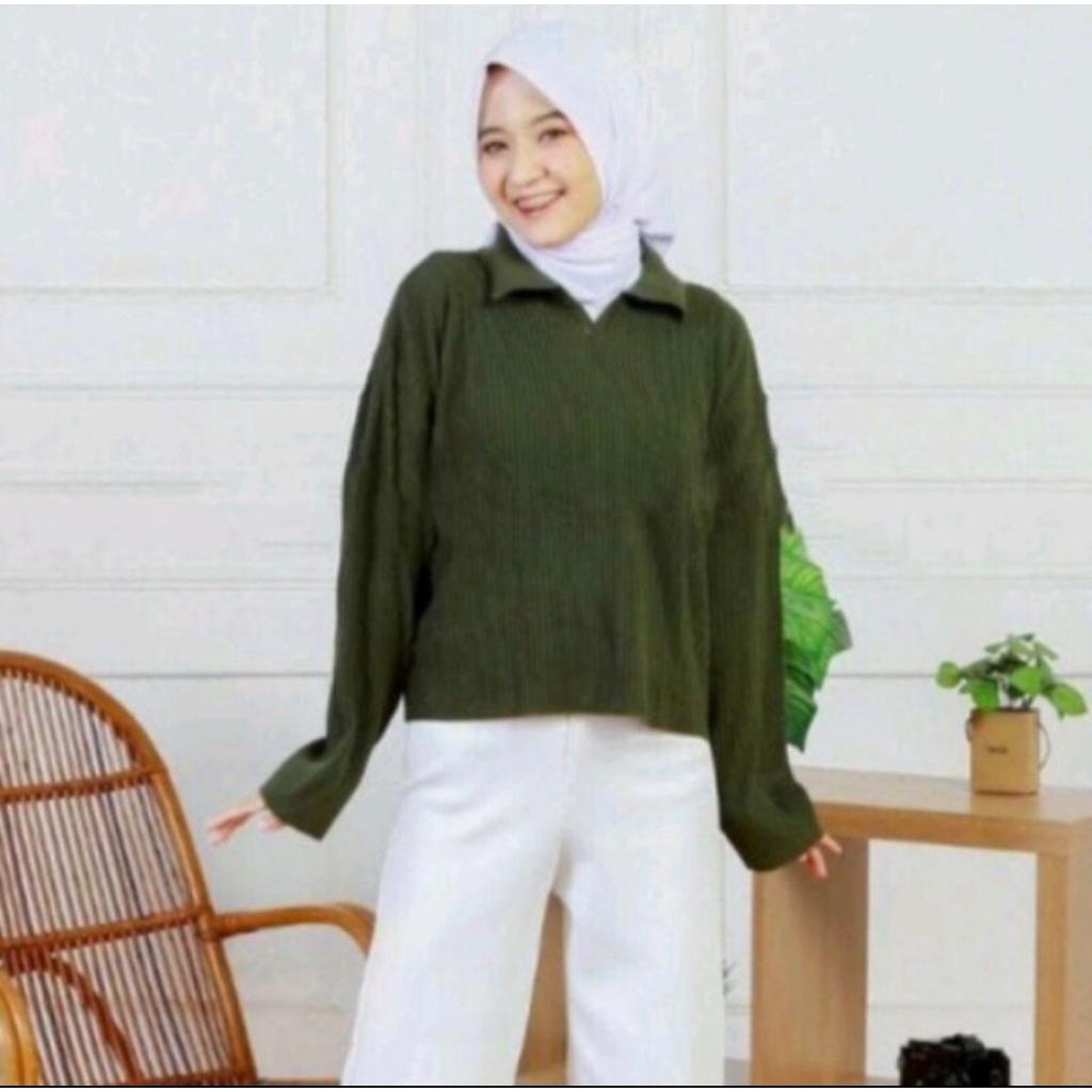 Jual GEANI CROP BLOUS KERAH POLO / Sweater Rajut Blouse / Geani Crop ...