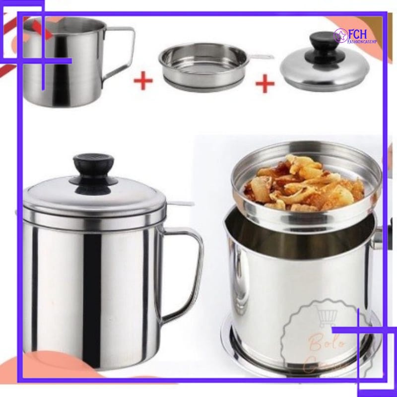 Jual FCH PAKET 5PCS Tempat Saring Minyak Bekas Pakai / Oil Pot Stainless 1300ML / 1000ML / 1 ...