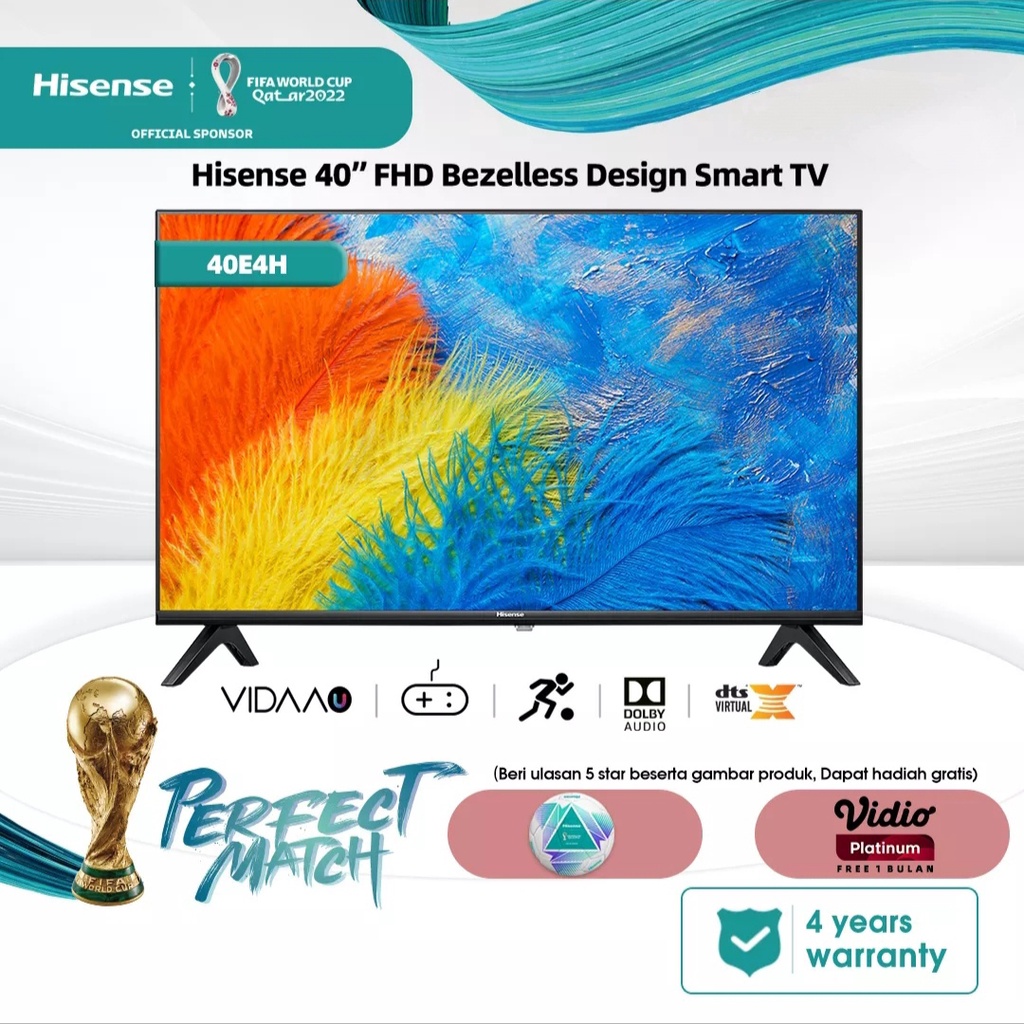 Jual Hisense 40E4H - 40 inch Vidaa Smart FHD TV-Bezelles design-HDMI | Shopee Indonesia