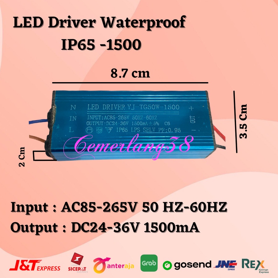 Jual LED Driver 50Watt 1500 mA AC-DC Casing Besi WATERPROOF Trafo Lampu ...