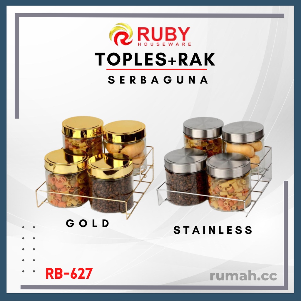 Jual RUBY Toples Kaca Set 4 Pcs + Rak Serbaguna RB-627 Gold dan ...