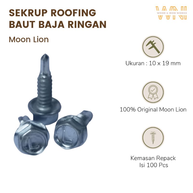 Jual SEKRUP ROOFING BAUT BAJA RINGAN 10 x 19 ORIGINAL MOON LION (100 PCS) | Shopee Indonesia