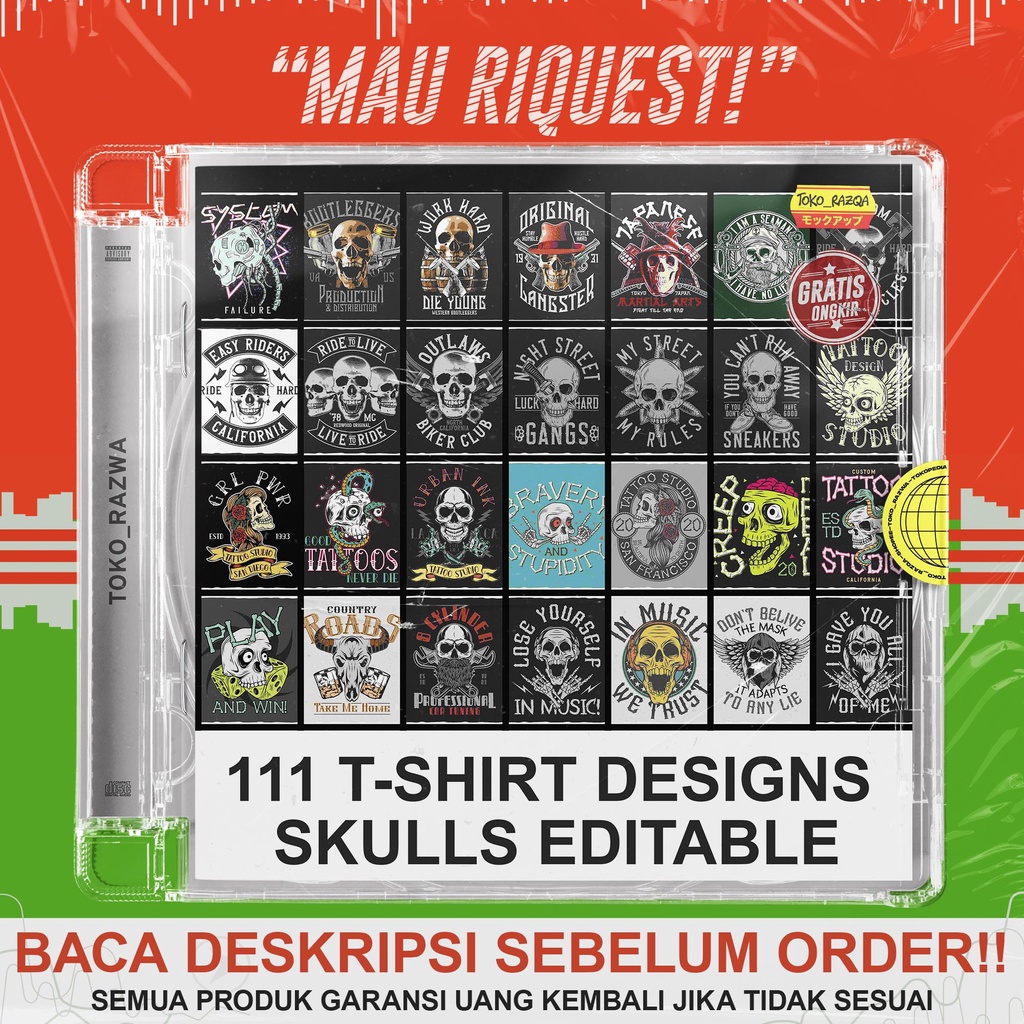 Jual 111 T-Shirt Designs Skulls Editable - Disain Sablon DTF - DTG ...