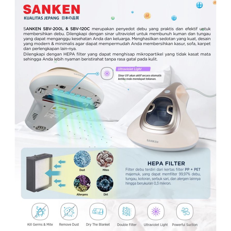Jual Sanken UV Anti Dust Mite Vacuum Cleaner SBV-120C HEPA Vakum Kasur Bed | Shopee Indonesia