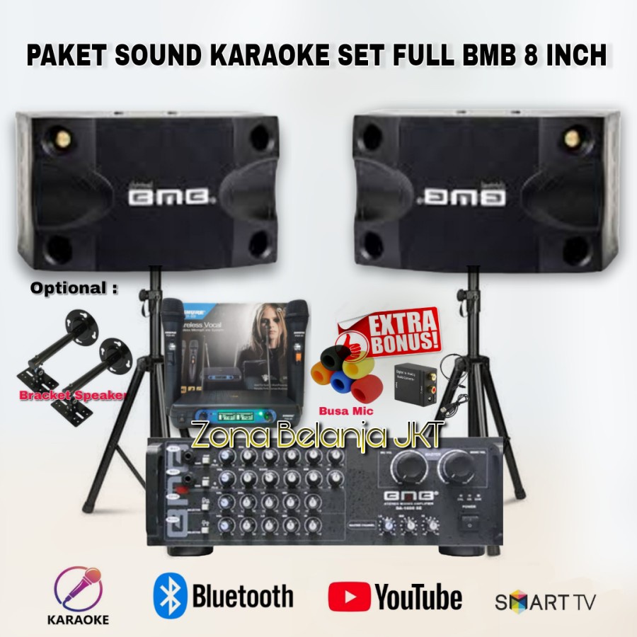 Jual PAKET SOUND SYSTEM KARAOKE SET FULL BMB SPEAKER 8 INCH AMPLIFIER BLUETOOTH MIC WIRELESS ...